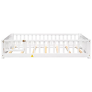 Twin Floor Bed for Kids, Montessori Bed Frame with Fence-Shaped Guardrails, Support Slats and Door, Wood Floor Twin Bed for Kids,Toddler,Boys Girls, No Box Spring Needed(White, Twin Bed Frame)