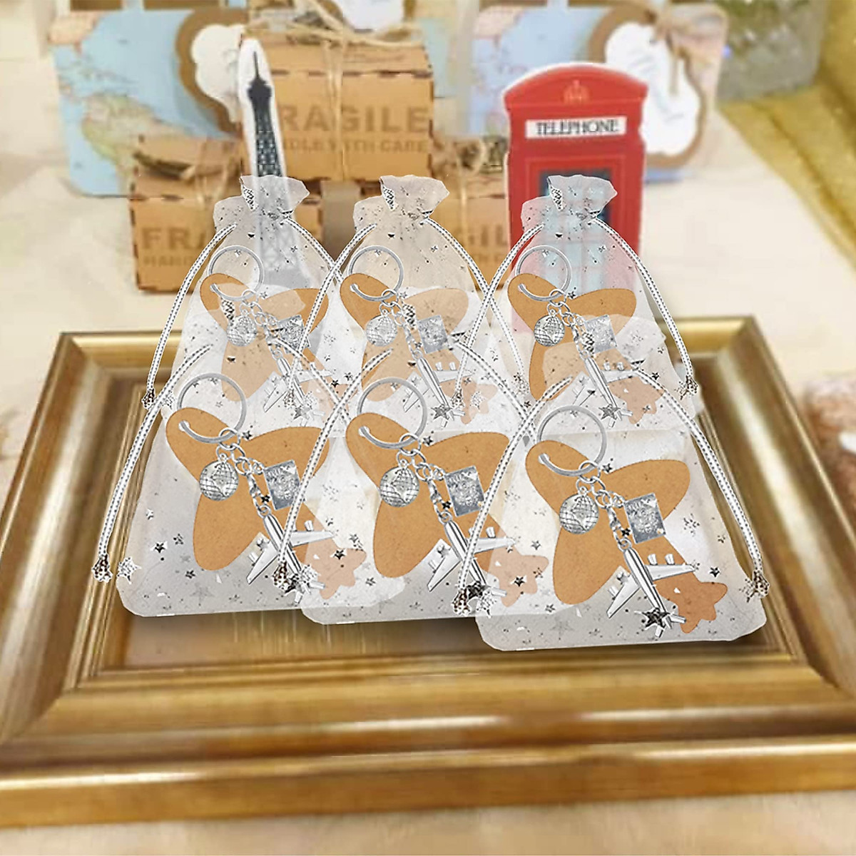 18 Sets Airplane Party Favors Travel Adventure Party Favors Airplane Compass Keychains Airplane Tags Organza Bags for Adventure Theme Party Graduation Travel Party Baby Shower Supplies (Style 1)