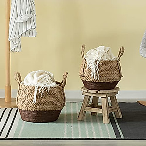Straw Decorative Round Storage Basket Set of 2 with Woven Handles for the Playroom, Bedroom, and Living Room
