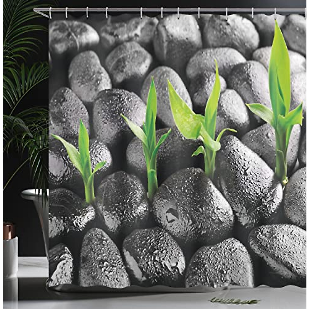 Ambesonne Plant Shower Curtain, Basalt Stones with Bamboo Leaves Sticking Water Droplets Harmony of Nature, Cloth Fabric Bathroom Decor Set with Hooks, 69" W x 70" L, Dark Taupe Lime Green