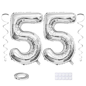 Maigendoo Jumbo 55 Number Balloon 40 Inch Large Digit Balloons Huge Helium Balloon Foil Mylar Balloon with Swirl Decorations for 55th Birthday Party Graduation Celebration Anniversary Event, Silver