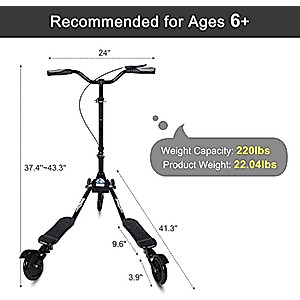 AODI Swing Wiggle Scooter, 3 Wheels Drifting Scooter with Adjustable Height/Folding Kick Scooter for Kids/Woman/Men Age 6+ Years Old