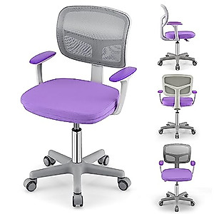 Giantex Kids Desk Chair, Height Adjustable Children Swivel Computer Chair with Y-Shaped Lumbar Support & Auto Sit-Locking Wheels, Mesh Kids Task Chair for Study, Boys Girls Aged 4-13,Purple