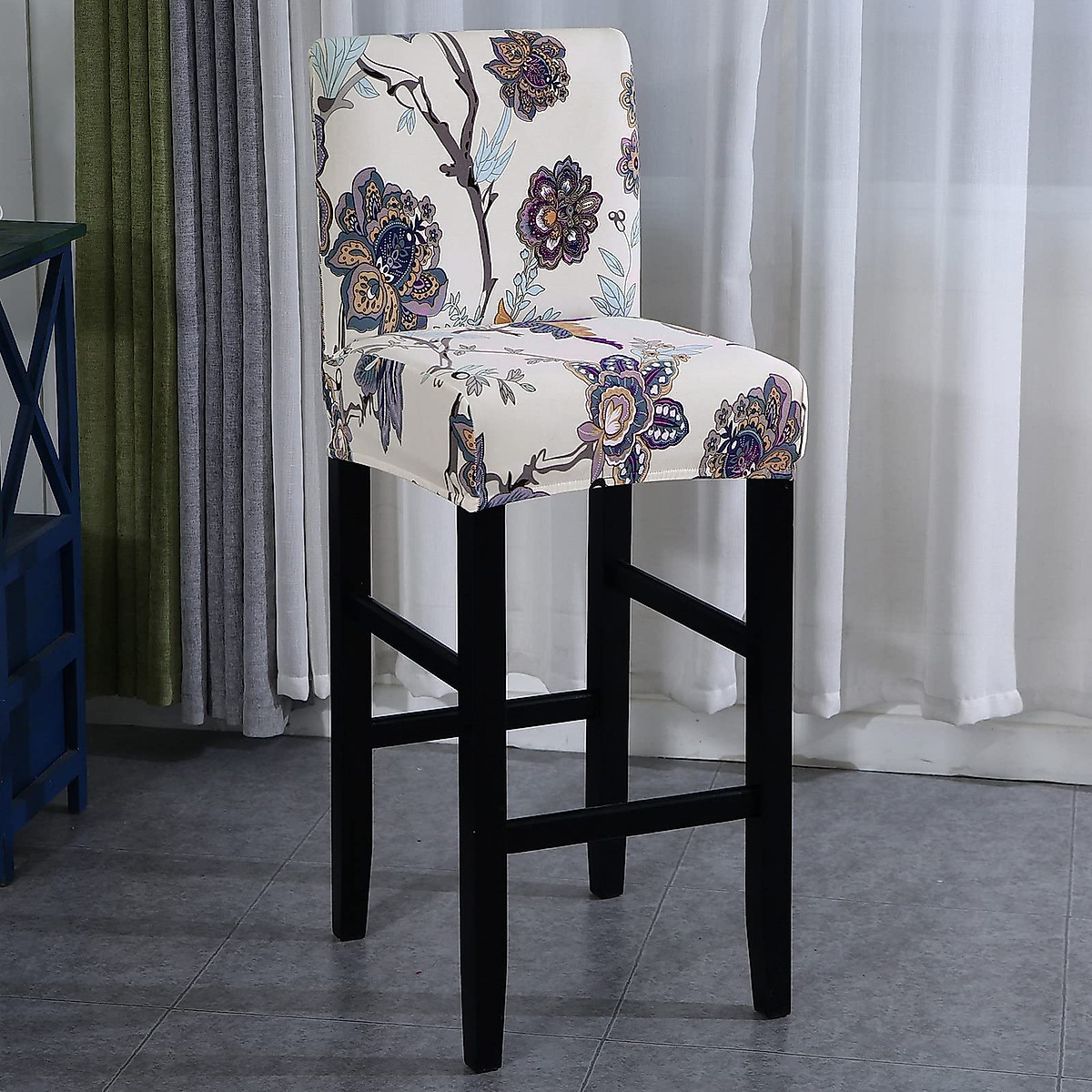 SearchI Stretch Bar Stool Covers Set of 4, Stretch Removable Washable Printed Bar Stool Chair Covers, Counter Height Chairs Covers for Kitchen Dining Room Cafe Furniture (Purple Flower)