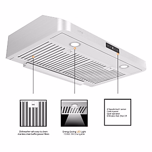 Leyso Simple Under Cabinet Stainless Steel Range Hood, Digital 4-Speed Control, 900 CFM, 2 LED Lights, Baffle Filters (30")