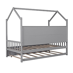 Bellemave Twin Size House Bed with Trundle and Storage Shelves, Montessori Bed Wood Playhouse Bed Frame,Wooden Kids Bed Frame with Roof Design(Twin,Gray)