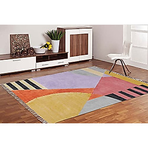 Casavani Hand Made Cotton Dhurrie Geometric Yellow & Pink Tassel Rug Easy Care Washable Rugs for Doormat Entryway Living Room Bedroom Hallway Balcony 4x12 Feet Runner
