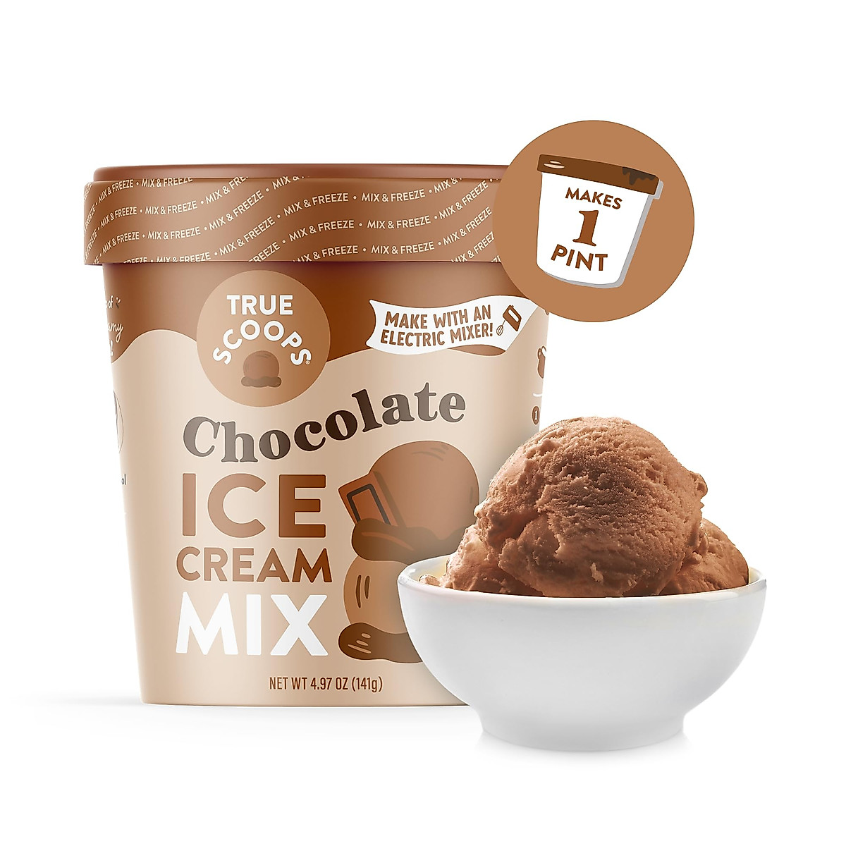 True Scoops Beginner's Pack - Chocolate Ice Cream Mix & Salted Butterscotch Sauce Mix. Add One Ingredient - Half & Half! Makes 1 Pint of Ice Cream And 1 Cup of Sauce. Women-Owned, Gluten-Free, Peanut-Free, and Kosher.