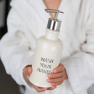 Cute Kids Bathroom Accessories Set | 3 pc Modern Farmhouse White Ceramic Toothbrush Holder, Liquid Hand Soap Dispenser & Rinse Cup | WASH Your Hands, Brush Your Teeth Decor for Child Bath Room