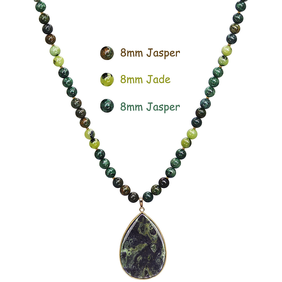PEARLFECT Long Pendant Necklaces for Women/Men Trendy, 8MM Womens Beaded Jasper Necklaces,32 Inch Green Stone Bead BOHO Necklace Jewelry,Chunky Statement Necklace, Gemstone, Jasper