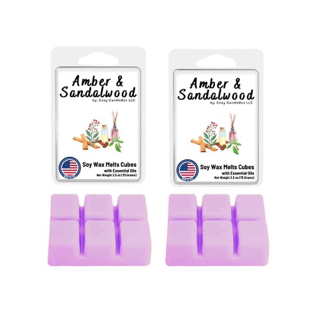 Soy Wax Melts| Made in USA | Plant Based Soy Wax | Amber and Sandalwood Soy Wax Cubes | 2 Packs | Net Weight 5 oz. (141 Grams) | 12 Scented Wax Cubes | Wax Cubes for Wax Warmer | Cozy Candlebox