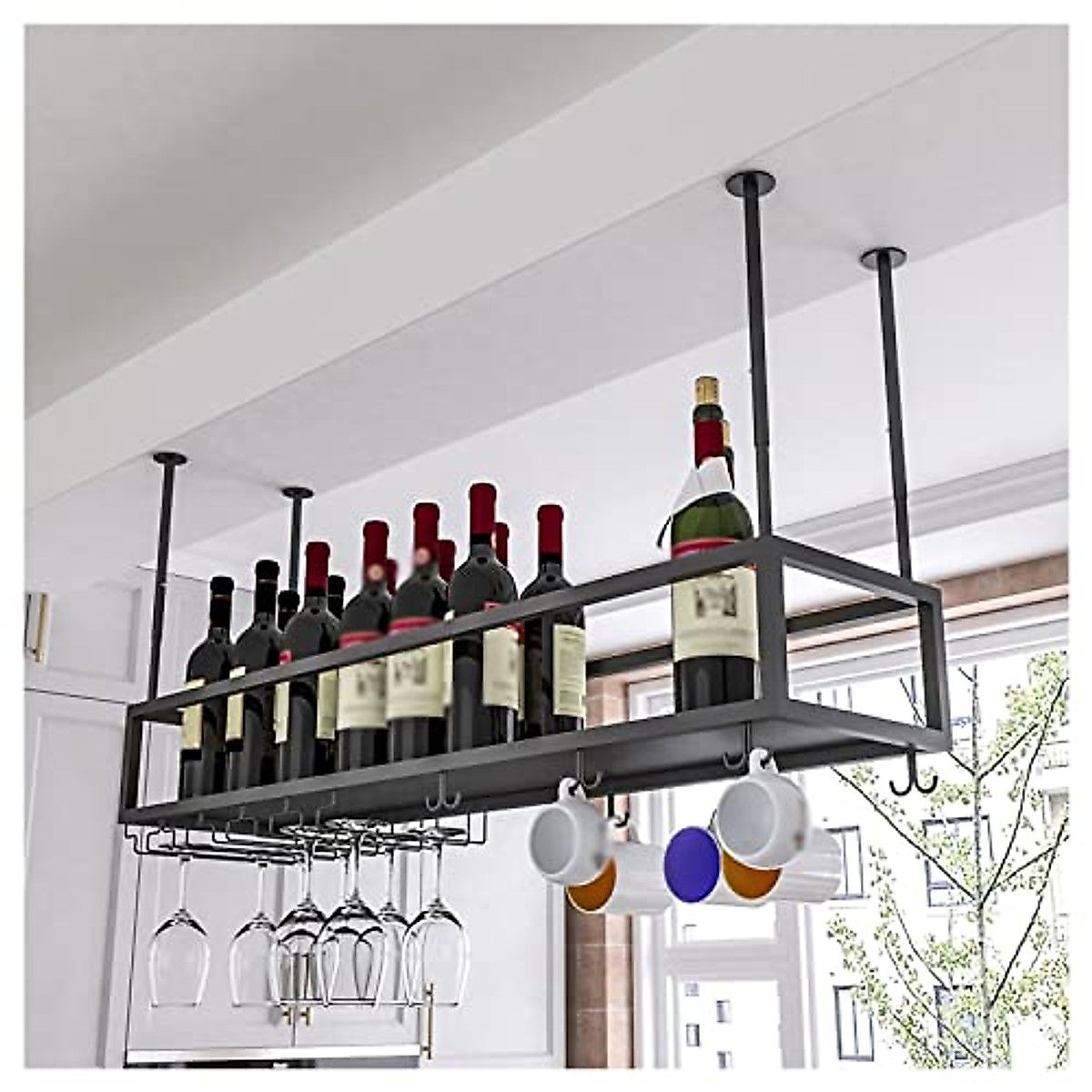 DICKIS Hanging Wine Rack with Glass Holder and Shelf, Adjustable Height and Width Metal Ceiling Bar Wine Glass Rack, Industrial Wall Mounted Wine and Glass Rack (Color : Black, Size : 100x25x21cm)
