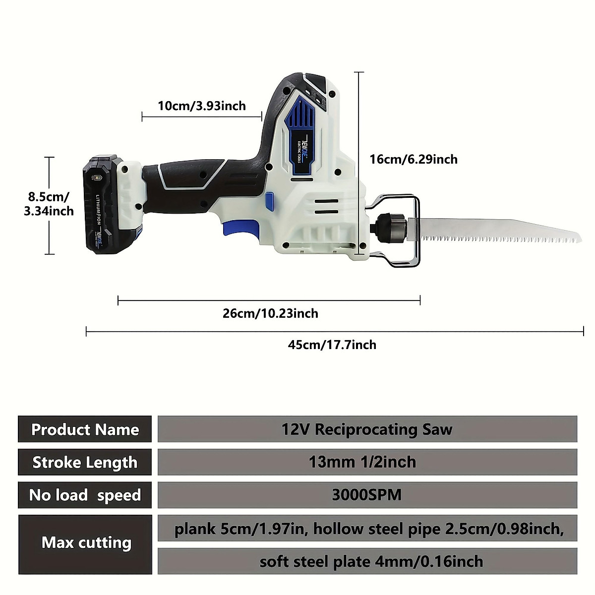 NEWONE 12V Reciprocating Saw,Cordless Reciprocating Saw with 1/2 inch stroke length,2A Battery & 2 Saw Blades,0-3000RPM for Wood, Metal, PVC Pipe Cutting,Smart Charger and USB Power Source