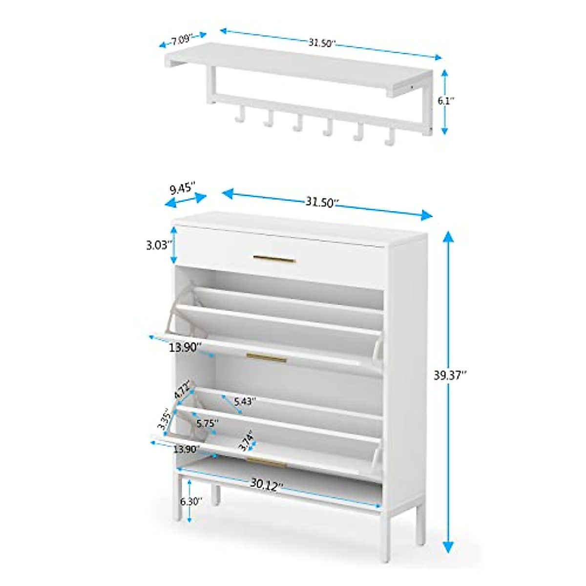 Tribesigns Shoe Cabinet with Flip Doors for Entryway, 2-In-1 Design Coat Rack Shelf with Shoe Storage Cabinet, Wooden Shoes Rack Shoe Organizer with Coat Hooks for Hallway