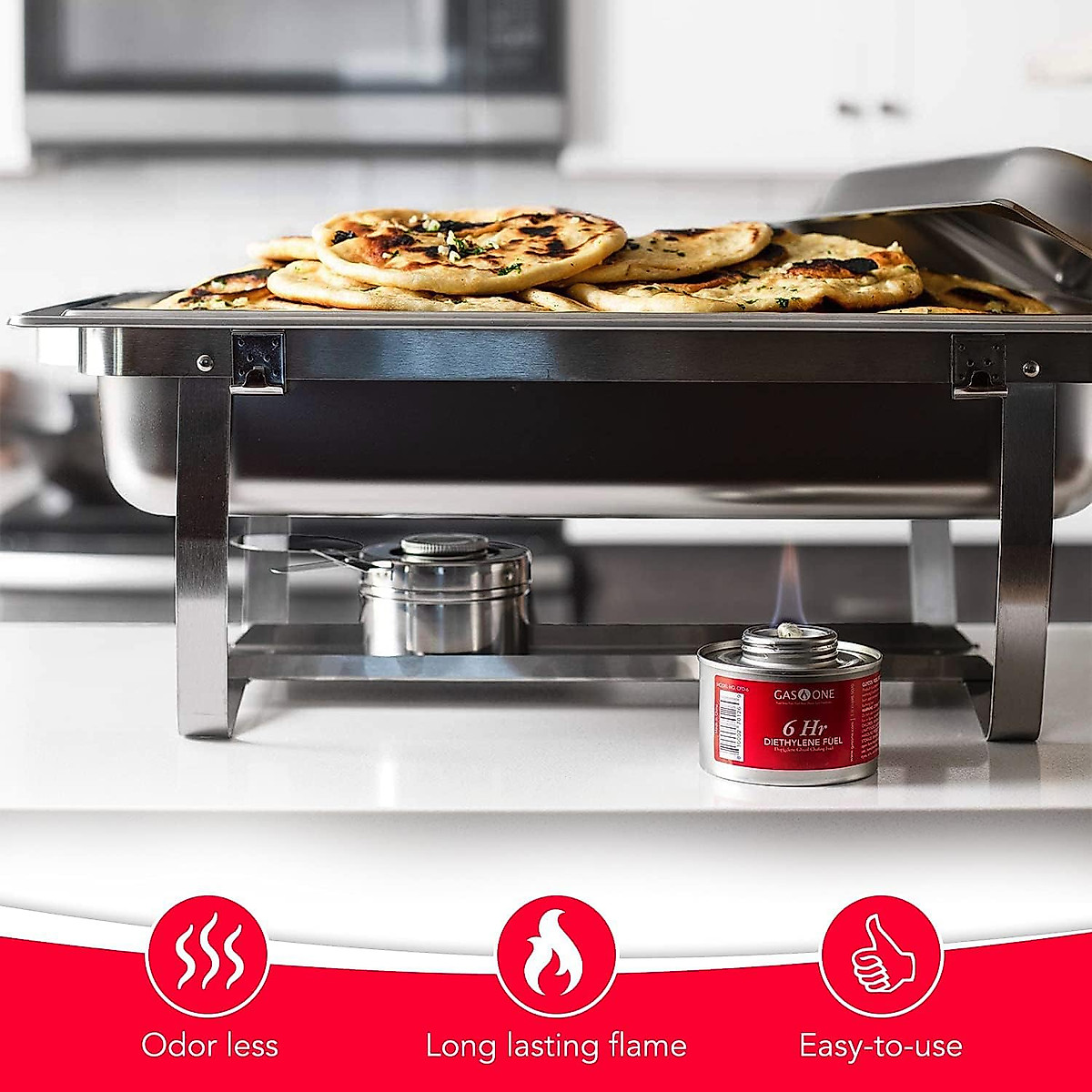 Gas One 12 pack 6 Hour Chafing Fuel - Food Warmer for Chafing Dish Buffet Set - Liquid Safe Fuel With Wick & Lid Opener for Chafing Dish