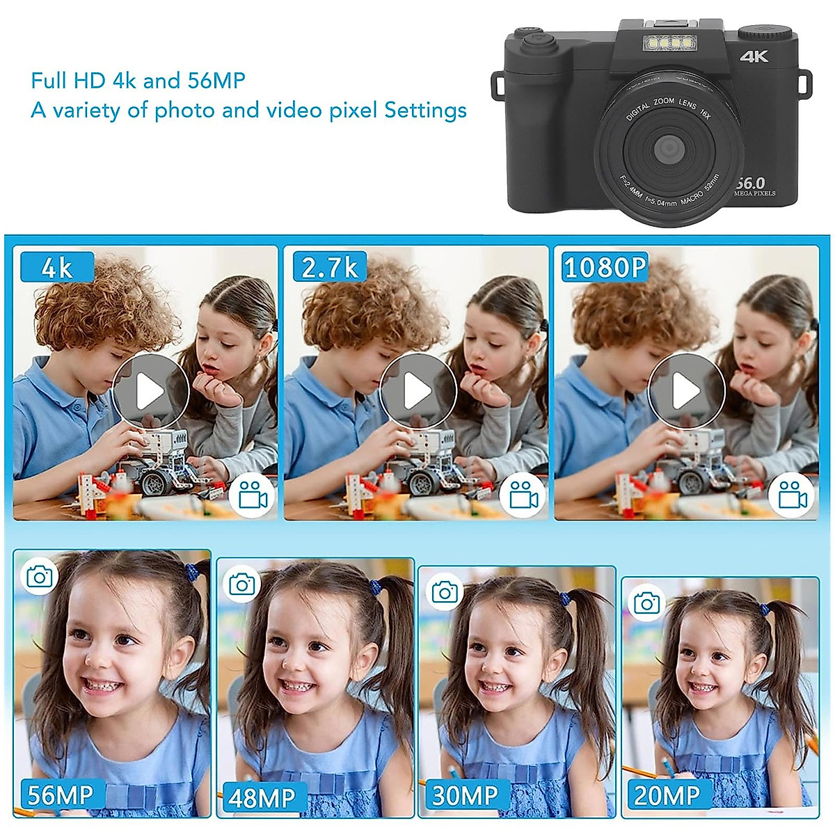 4K Digital Camera for Kids Video 16X 56M Digital Zoom, Compact Point and Shoot Camera, Portable Small Camera for Teens Students Boys Girls Seniors, WiFi, Gifts