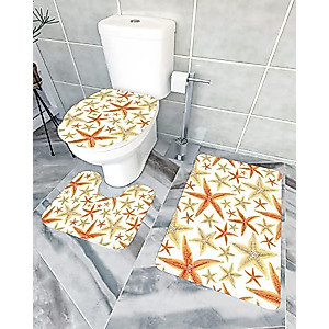 Ocean Starfish Bathroom Rugs Mat Sets 3 Piece, Bath Shower Rugs with U-Shaped Contour Toilet Mat, Orange Yellow Summer Beach Coastal Nautical Small Absorbent Bathtub Runner Rugs Floor Mats