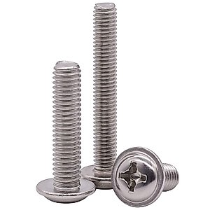 M5 x 50mm Stainless Phillips Pan Washer Head PWH Machine Screws, Stainless Steel 304 (18-8), Full Thread, Coarse Thread UNC, Pack of 25