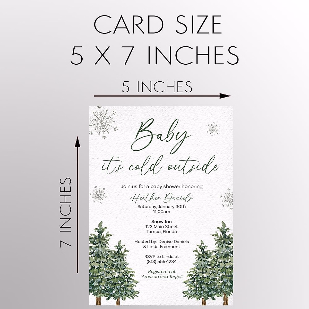 Baby It's Cold Outside Baby Shower Invitations Winter Invites Gender Neutral Unisex Trees Nature Green Snowflakes Snowfall Personalized Customized Custom Printed Cards (12 count)