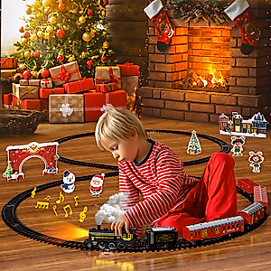 Christmas Train ElectricTrain Set with Retro Classic Steam Engine Wagon and Long Tracks, Battery Powered Train Playset with Smoke Lights and Sounds for Boys and Girls 3 5 6 7 Years Old