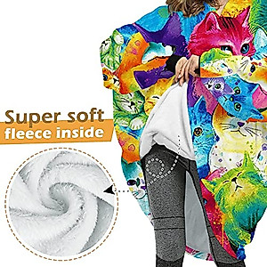 EZERILA Ink Color Cat Wearable Blanket Hoodie for Women Men Adults Teens Sherpa Fleece Oversized Hooded Sweatshirt Blanket with Pockets