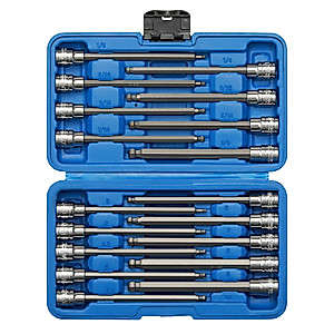 CASOMAN 3/8"Drive Extra Long Ball-End Hex Bit Socket Set, 18 Piece Allen Socket Set, Metric & SAE, 3mm to 10mm, 1/8" to 3/8", CR-V and S2 Steel