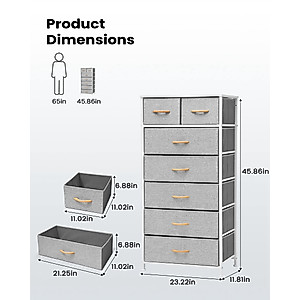 Pellebant Dresser for Bedroom with 7 Drawers, Tall Dresser Vertical Storage Tower, Sturdy Metal Frame, Fabric Storage Bins with Wooden Handle, Wooden Top, Organizer Unit for Closet/Hallway, Light Grey