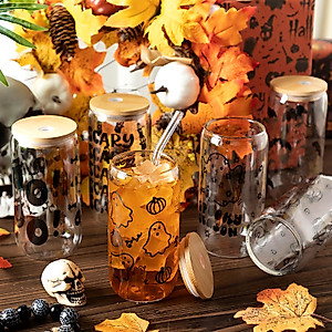 meekoo 6 Pcs Halloween Glass Cups 16 oz Iced Coffee Cups Pumpkins Bat Ghost Beer Tumblers with Lids and Straws Spooky Mug Mason Jar Glass for Halloween Party(Classic)
