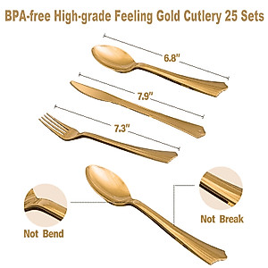 350PCS White and Gold Party Supplies, Severs 50 Disposable Gold Paper Plates Party Supplies Engagement Party Decorations Plastic Forks Knives Spoons Napkins Cups for Wedding Bachelorette