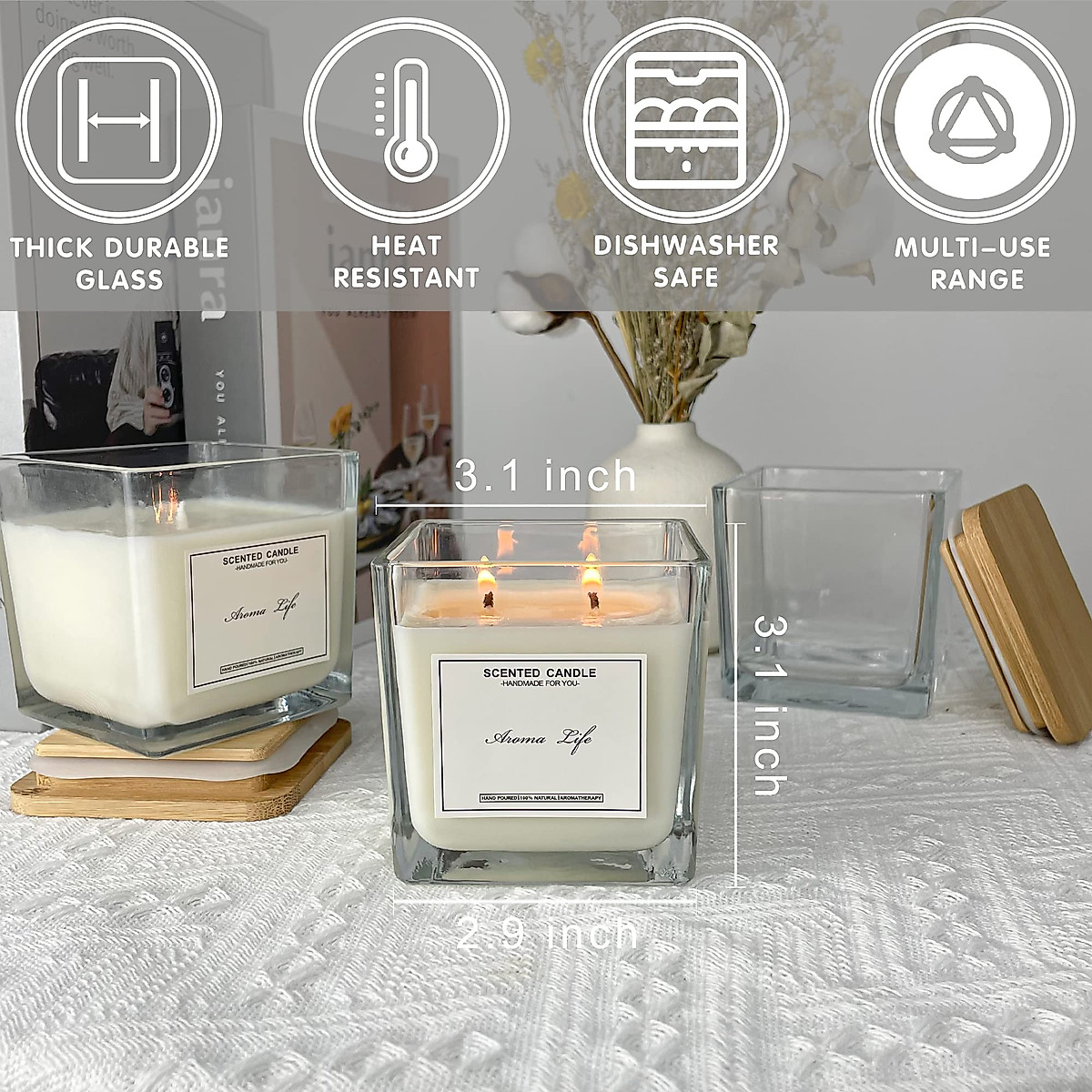 Creahaus 9pack, 10oz Square Candle Jars with Bamboo Lids, Thickened Glass Candle Containers with Warning Labels, Empty Candle Vessels for Candle Making DIY Craft