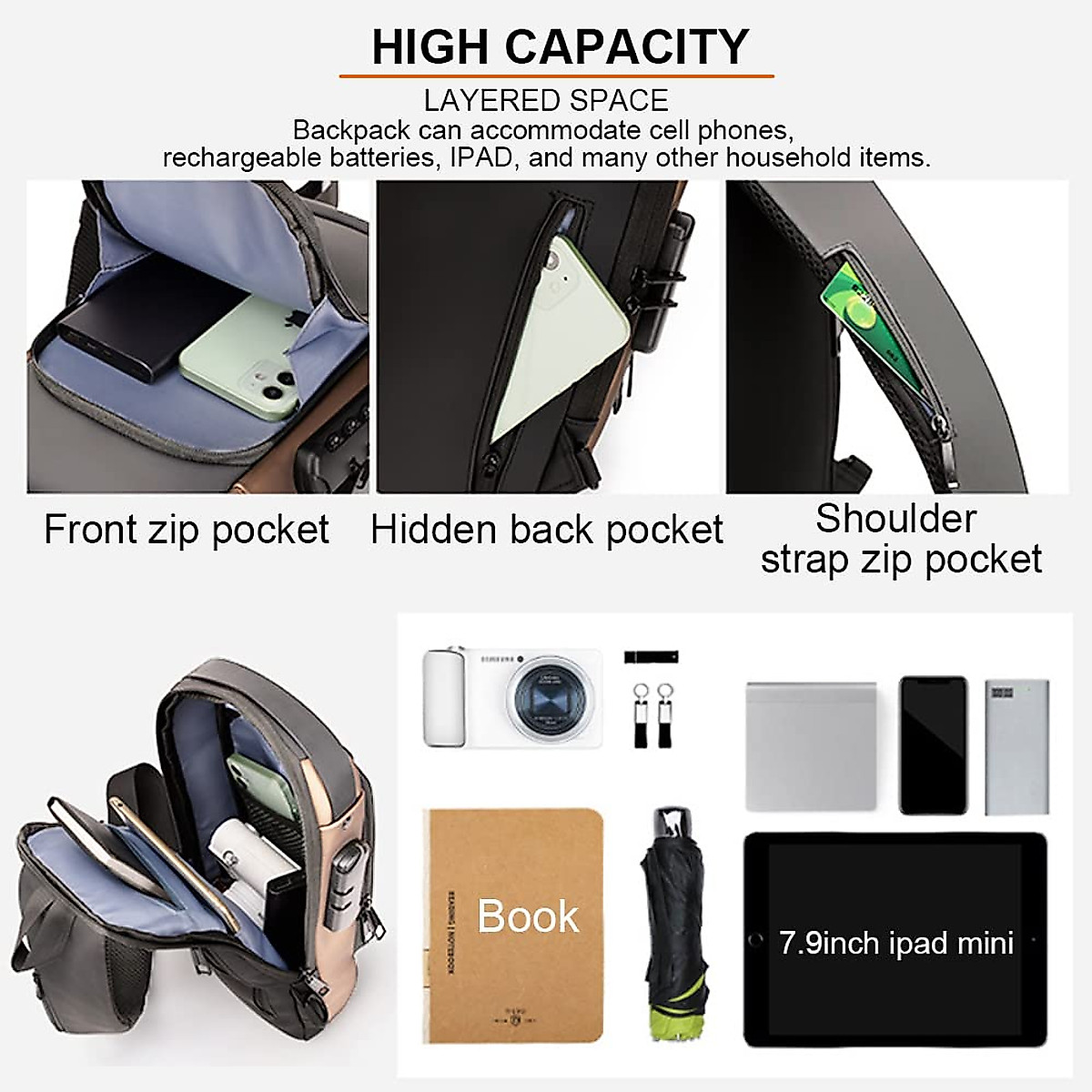 HOXSURY Sling Backpack USB Anti-Theft Waterproof Chest Daypack Casual Shoulder Bag (Grey)