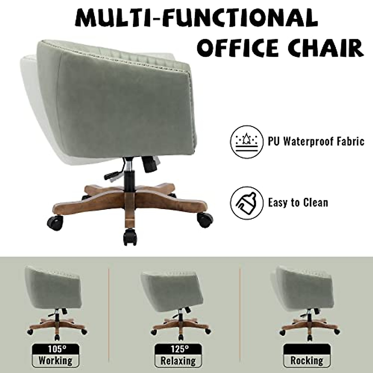 QUINJAY Green Faux Leather Home Office Desk Chair, Upholstered Barrel Swivel Adjustable Arm Desk Chair with Nailheads, Comfy Mid-Back Study Chair with Silent Wheel for Study Office Computer