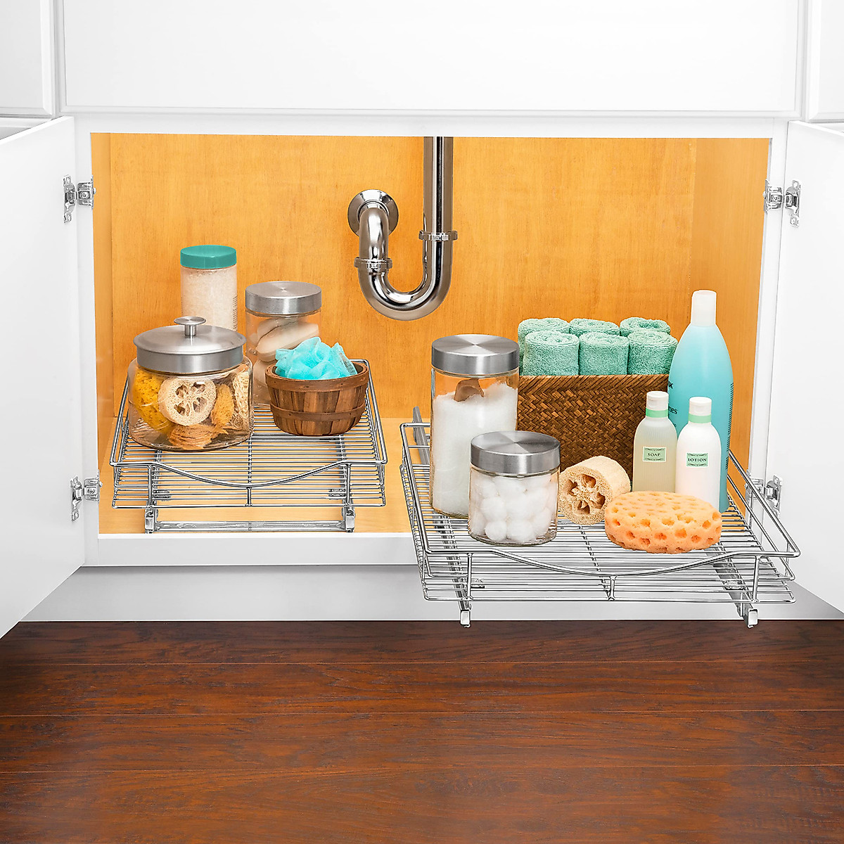 LYNK PROFESSIONAL® Pull Out Cabinet Organizer - Slide Out Pantry Shelves - Sliding Storage for Inside Kitchen Cabinet or Under Sink - Roll Out Drawer for Pots, Pans - 14" Wide x 21" Deep - Chrome