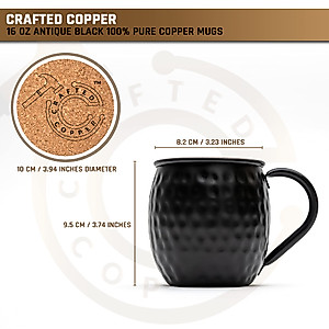 Moscow Mule Copper Mugs - Set Of 2 | 100% Pure Copper Food Safe 16oz Handcrafted Mule Cups With Coaster For Beer, Wine, Party, Cocktail | Black Antique Moscow Mule Mugs