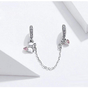Animal Safety Chain 925 Sterling Silver Rubber Spacer Stopper Beads fit Pandora Style Bracelet (Cat & Heart Safety Chain)