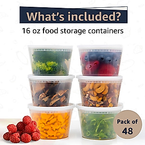 [48 Pack - 16 oz] Plastic Soup Cups Deli Food Storage Containers with Tight Lids Portion Control Non-Spill Stackable Microwaveable Freezer Dishwasher Safe