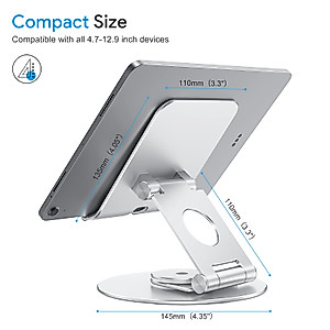 OMOTON Swivel Tablet Stand for iPad with 360 Rotating Base, Foldable Adjustable Holder for Drawing, Compatible with iPad Pro/Air/Mini and More, Silver