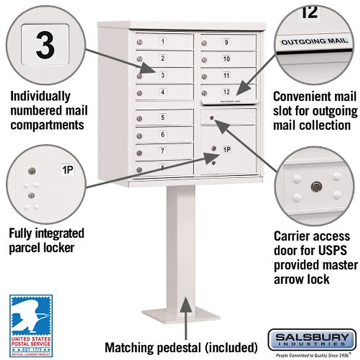 Salsbury Industries 3312WHT-U 12 A Size Doors, White Type II Cluster Box Unit Mailbox