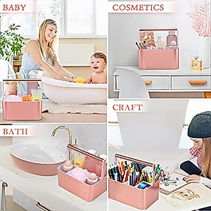 BYUNER Plastic Shower Caddy Basket - Portable Large Bath Storage Organizer Bin Tote with Handle and divider for College Dorm,Cabinet,Bathroom Counter, Brushed Nickel White