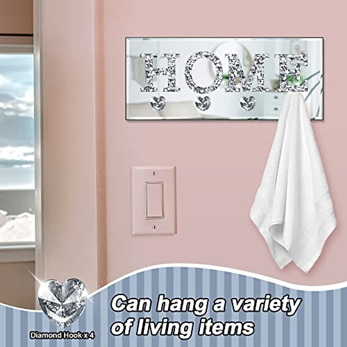 Yalikop Crush Diamond Mirrored Home Letter Plaque Sign Wall Mounted Key Holder Clear Heart Shape Hooks Key Hanger Christmas Gift for Wall Door Bookshelf Decorative