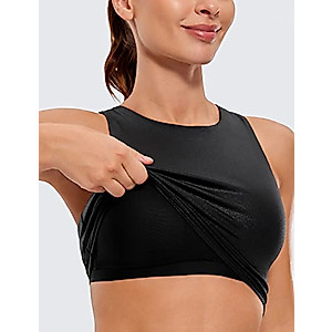 CRZ YOGA Butterluxe Racerback High Neck Longline Sports Bras for Women - Padded Workout Crop Tank Tops with Built in Pads Faux Leather Black Large