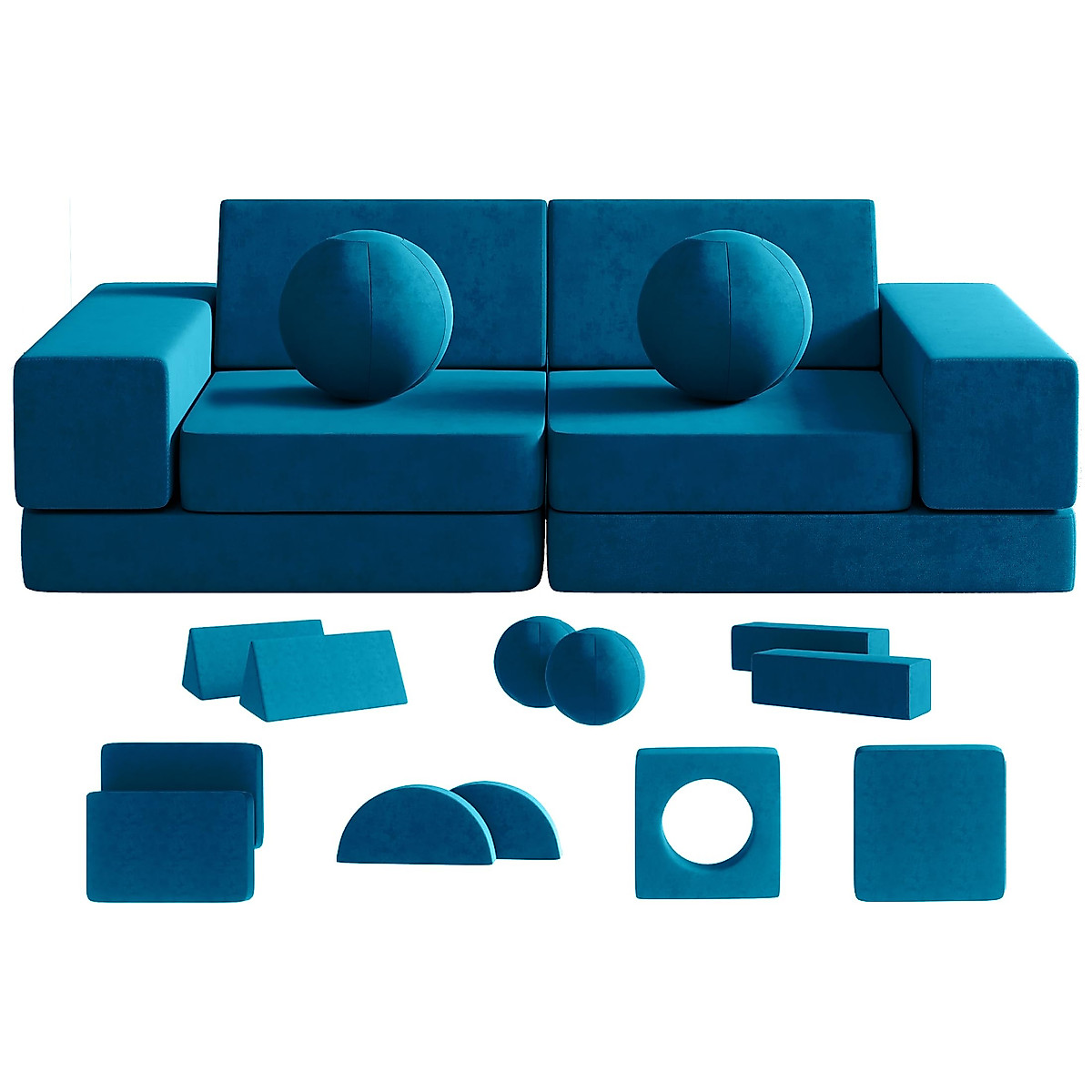 Kids Couch, 12PCS Fold Out Toddler Couch with 2 Balls and Tunnel, Modular Kids Couch for Playroom, Kids Play Couch for Kickball Game, Pitching Game, Over 30 Creative Gameplay Couch for Kids (Blue)