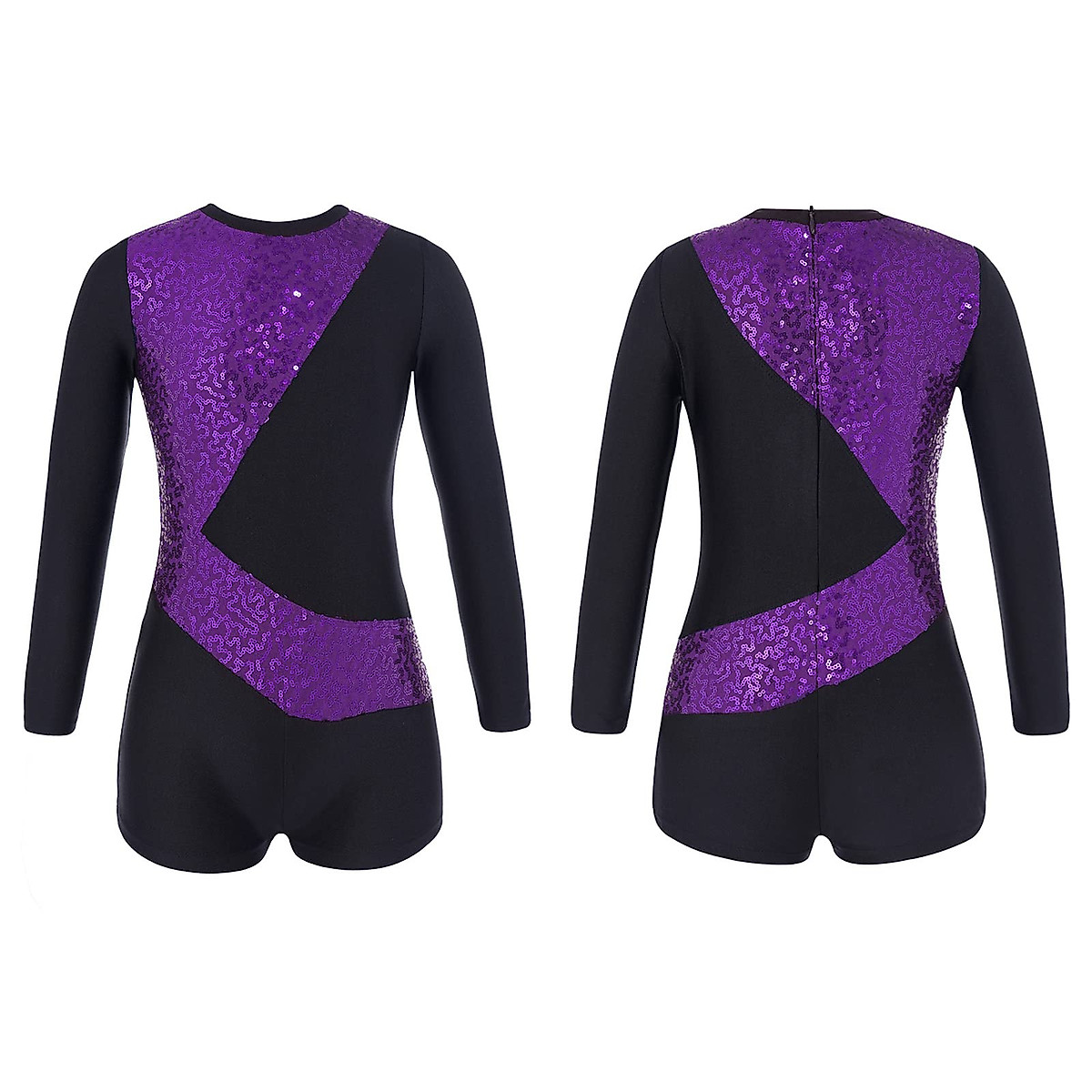 Kvysinly Girl's One Piece Sparkle Long Sleeve Gymnastics Leotards with Shorts Unitard Jumpsuit Biketard Dancewear Purple 6 Years