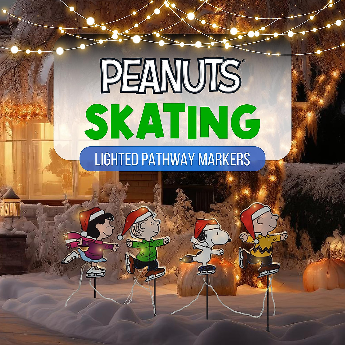 PRODUCTWORKS 12-Inch Peanuts 2D Pre-Lit Yard Art with 40 LED Lights Flat PVC Christmas Pathway Markers with Lucy, Linus, Snoopy and Charlie Brown