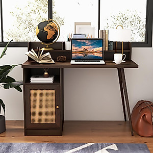 Tangkula Mid Century Desk with Hutch, 48” Writing Study Desk with PE Rattan Storage Cabinet & Shelves, Laptop PC Desk with Rubber Wood Legs, Compact Computer Workstation for Home Office (Brown)