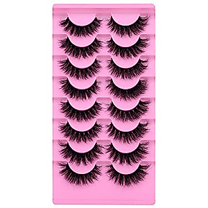 JIMIRE Mink Lashes Fluffy False Eyelashes Natural Look 15MM Wispy Fake Eyelashes Volume D Curl Russian Strip Fake Lashes Bulk 8 Pairs Pack