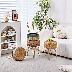 Cpintltr Natural Seagrass Hand Weave Poufs Vanity Stool Velvet Ottoman Stool Round Ottoman Foot Stool with Metal Legs for Living Room Bedroom Natural White