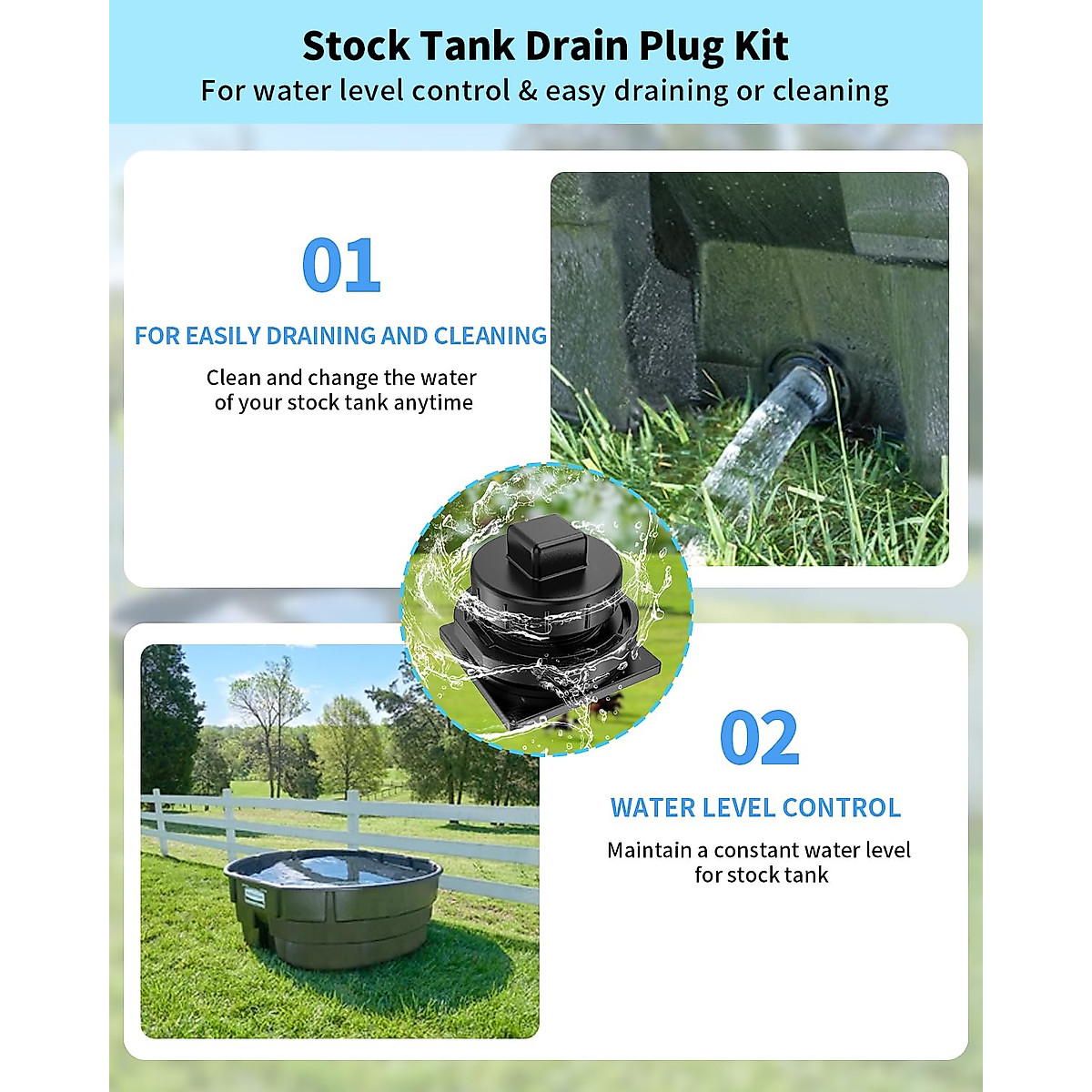 Stock Tank Float Valve, Stock Tank Drain Plug Kit for 50 70 100 150 300 Gallon Stock Tank, Leak-free Design, Use with 1MDB5,MDB6,MDB7,MDB8,1MDC1, for FG424288BLA FG424400BLA FG424500BLA FG424700BLA