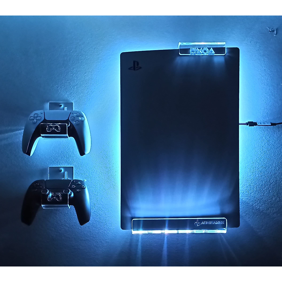 WALL MOUNT FOR PS5 PLAYSTATION 5 WITH MULTICOLOR LED LIGHTING KIT + 2 CONTROL MOUNT (PS5 Standar Edition (Disc Edition))