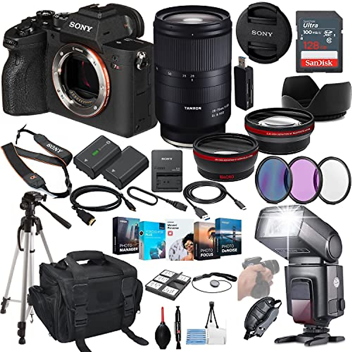 Sony a7R IVA Mirrorless Camera Bundle - ILCE7RM4A/B with Tamron 28-75mm Lens + Prime Accessory Package Including 128GB Memory, TTL Flash, Extra Battery, Software Package, Auxiliary Lenses & More